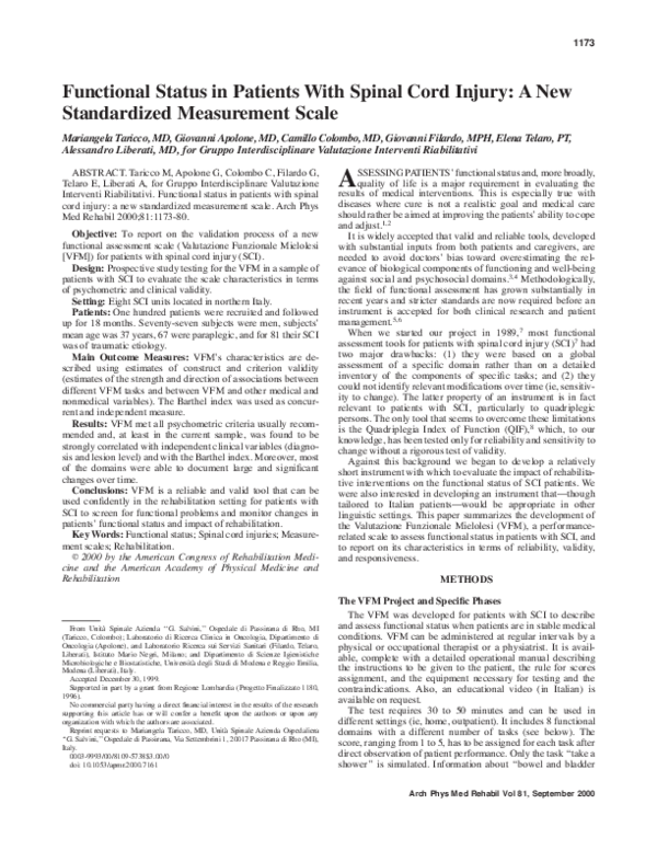 (PDF) Functional status in patients with spinal cord injury: A new ...