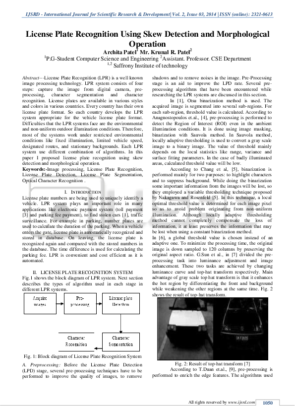 Pdf License Plate Recognition Using Skew Detection And Morphological