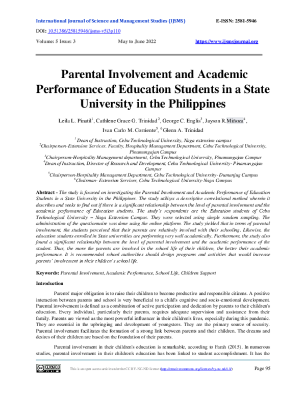 (PDF) Parental Involvement and Academic Performance of Education Students in a State University ...