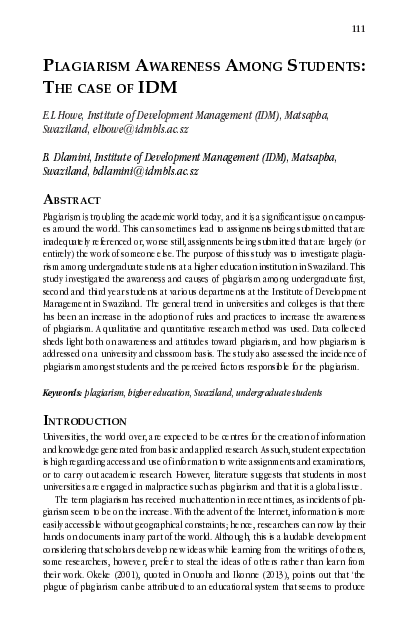 (PDF) Plagiarism Awareness Among Students: The case of IDM