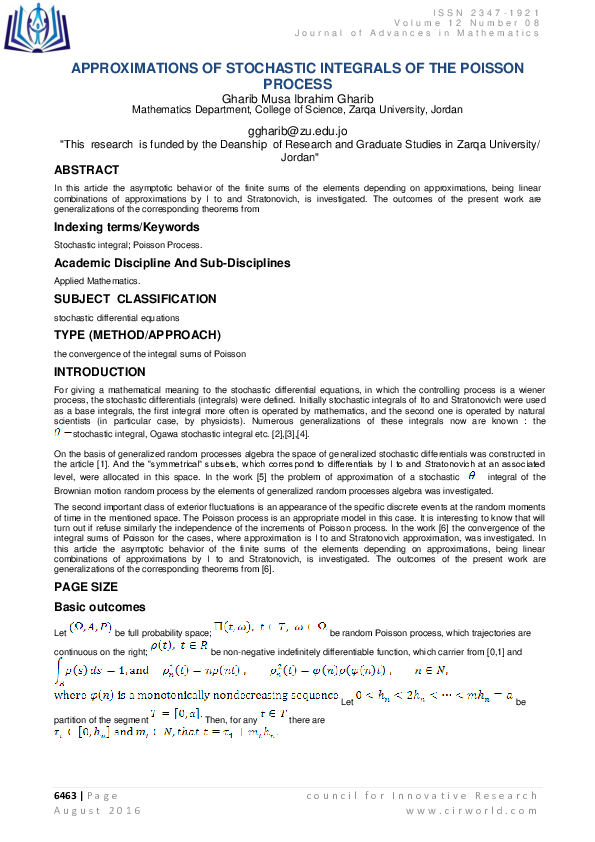 (PDF) Approximations of Stochastic Integrals of the Poisson Process