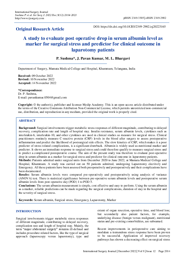 (PDF) A study to evaluate post operative drop in serum albumin level as ...