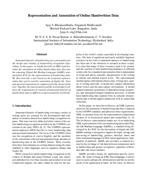 (PDF) Representation and Annotation of Online Handwritten Data