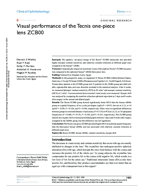 (PDF) Visual performance of the Tecnis one-piece lens ZCB00