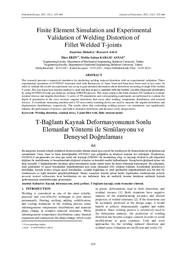 Pdf Finite Element Simulation And Experimental Validation Of Welding Distortion Of Fillet