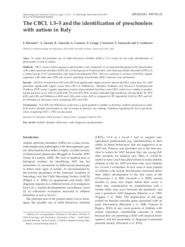 (PDF) The CBCL 1.5–5 and the identification of preschoolers with autism in Italy