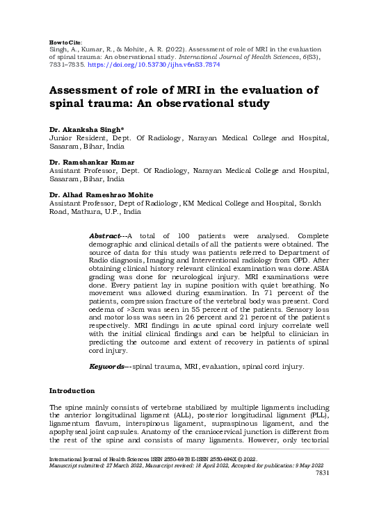 (PDF) Assessment of role of MRI in the evaluation of spinal trauma