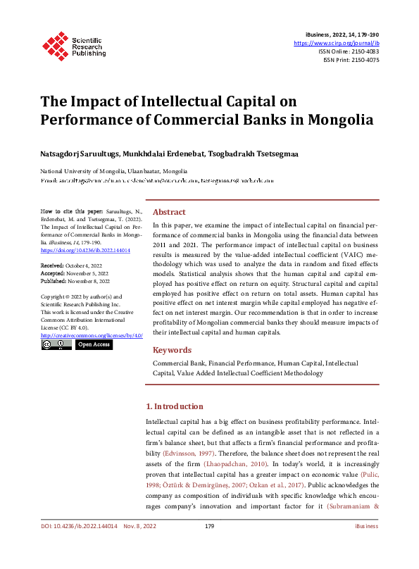 (PDF) The Impact of Intellectual Capital on Performance of Commercial Banks in Mongolia