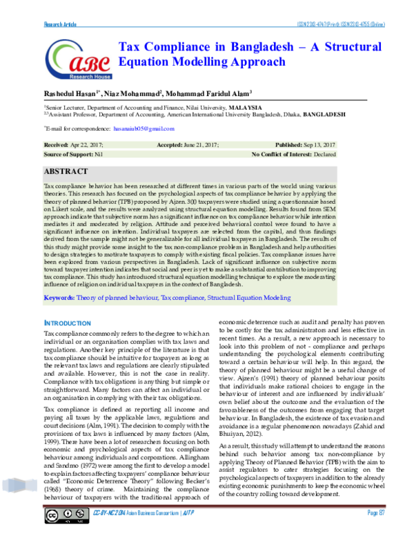(PDF) Tax Compliance in Bangladesh – A Structural Equation Modelling ...