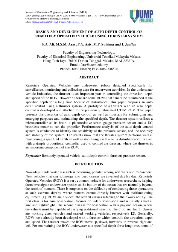 (PDF) Design and Development of Auto Depth Control Of Remotely Operated ...