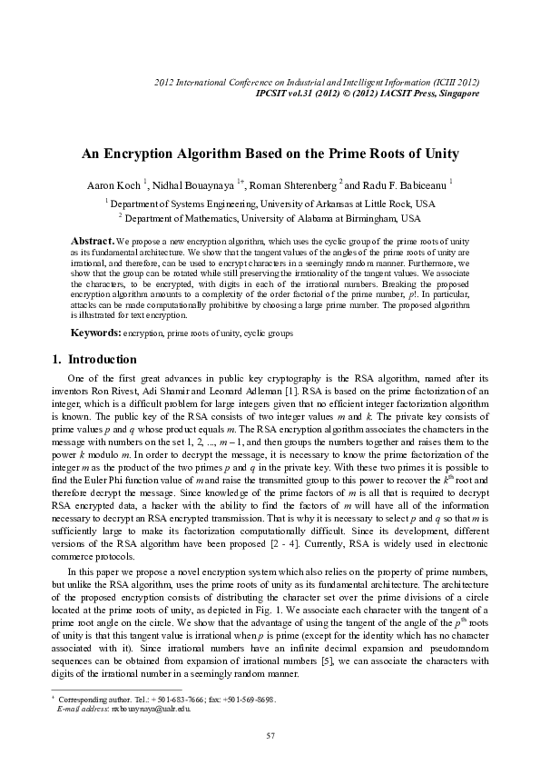 (PDF) An Encryption Algorithm Based on the Prime Roots of Unity