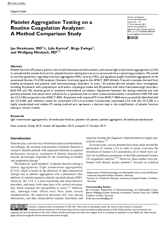 (PDF) Platelet Aggregation Testing on a Routine Coagulation Analyzer: A ...