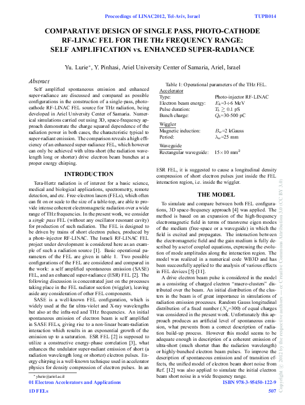 (PDF) Comparative Design of Single Pass; Photo-cathode RF-LINAC FEL for ...