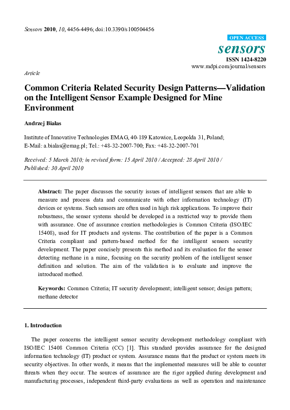 (PDF) Common Criteria Related Security Design Patterns—Validation on the Intelligent Sensor ...