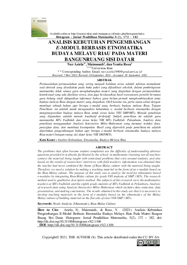 (PDF) Analisis Kebutuhan Pengembangan E-Modul Berbasis Etnomatika Budaya Melayu Riau Pada Materi ...