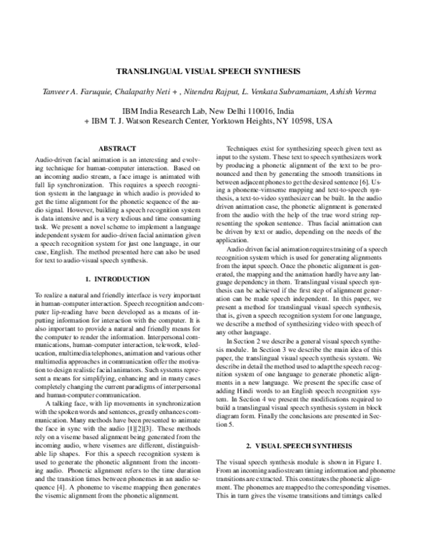 (PDF) Translingual visual speech synthesis
