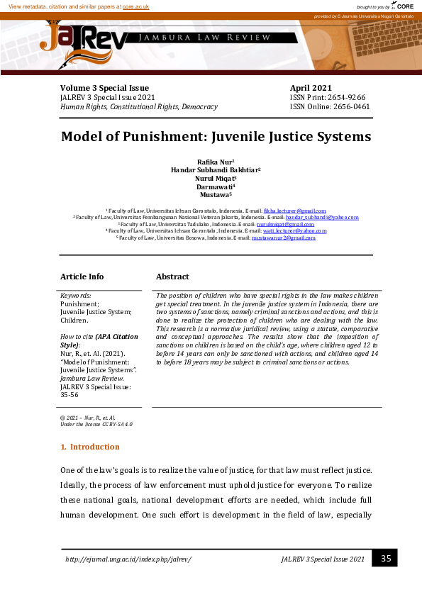 (PDF) Model Of Punishment: Juvenile Justice Systems