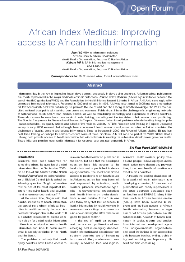 (PDF) African Index Medicus: Improving access to African health information