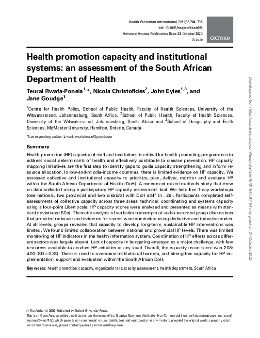 (PDF) Health promotion capacity and institutional systems: an ...