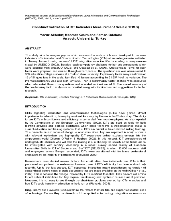 (PDF) Construct validation of ICT indicators measurement scale (ICTIMS) (PDF) Construct validation of ICT indicators measurement scale (ICTIMS)
