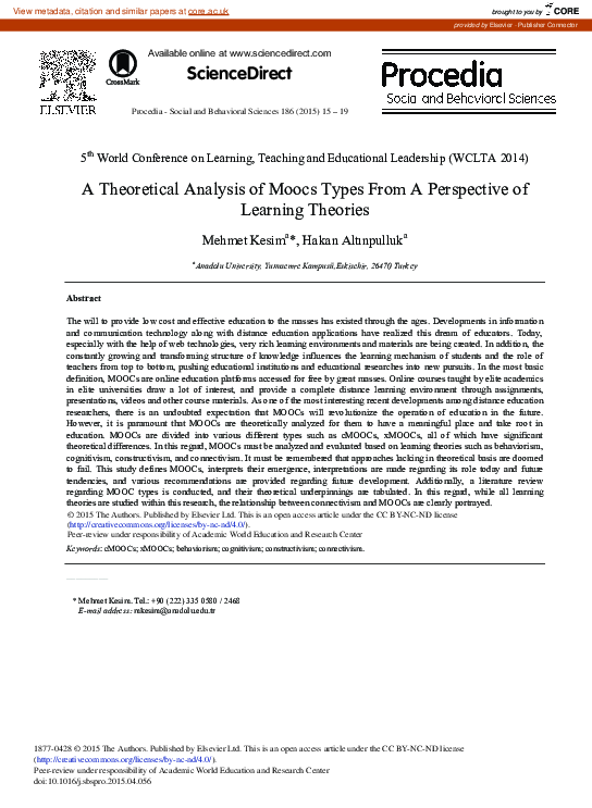 (PDF) A Theoretical Analysis of Moocs Types from a Perspective of Learning Theories