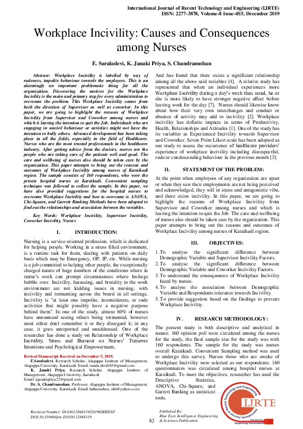 (PDF) Workplace Incivility: Causes and Consequences among Nurses