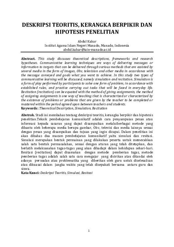 (PDF) Deskripsi Teoritis, Kerangka Berpikir Dan Hipotesis Penelitian
