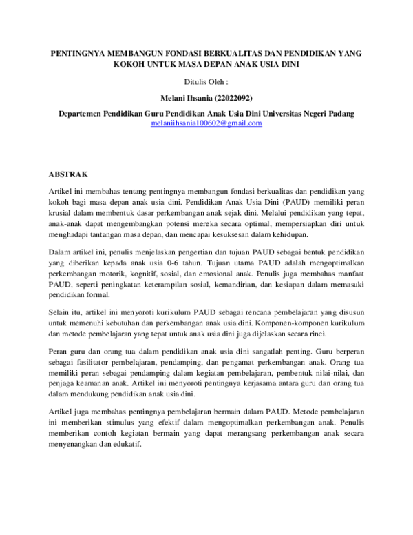 (PDF) PENTINGNYA MEMBANGUN FONDASI BERKUALITAS DAN PENDIDIKAN YANG KOKOH UNTUK MASA DEPAN ANAK ...