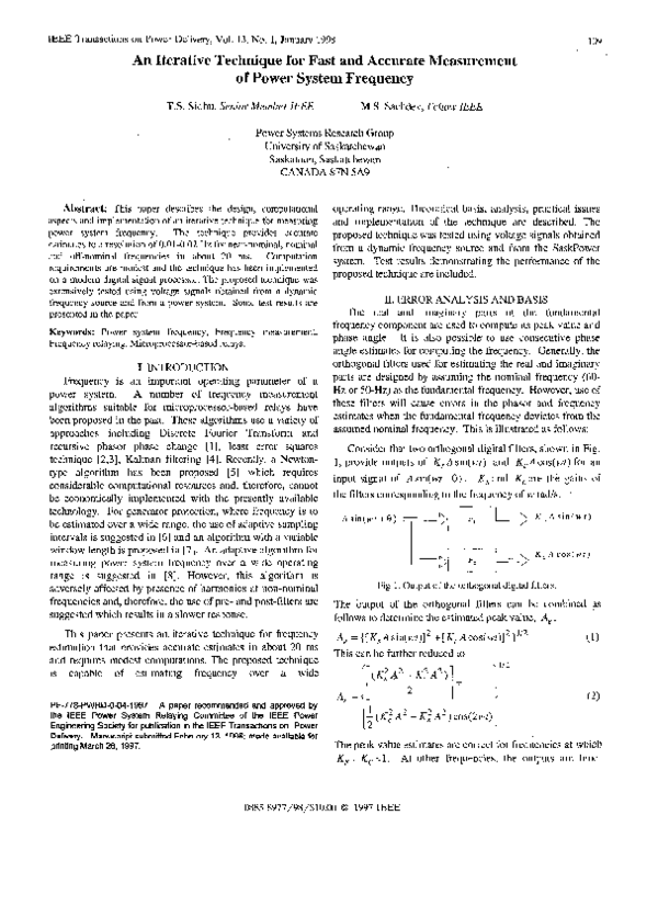 (PDF) An iterative technique for fast and accurate measurement of power system frequency