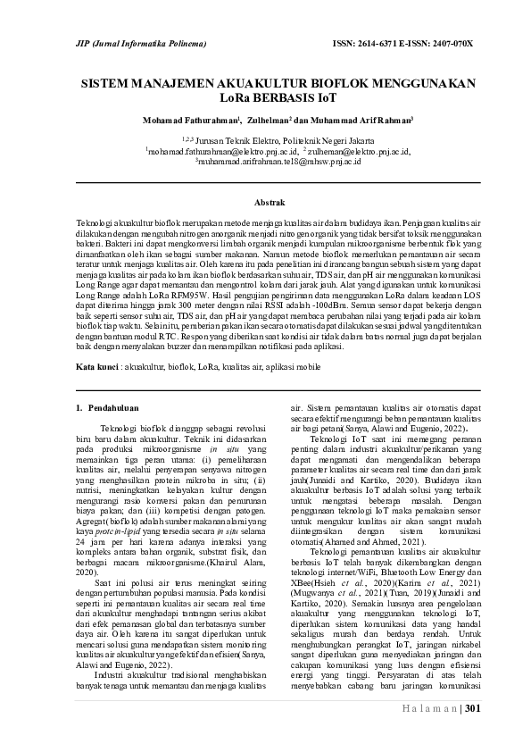 (PDF) SISTEM MANAJEMEN AKUAKULTUR BIOFLOK MENGGUNAKAN LoRa BERBASIS IoT