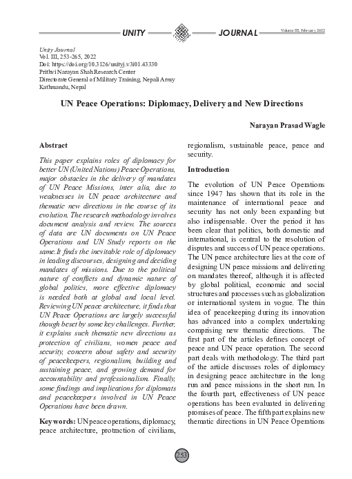 (PDF) UN Peace Operations: Diplomacy, Delivery and New Directions