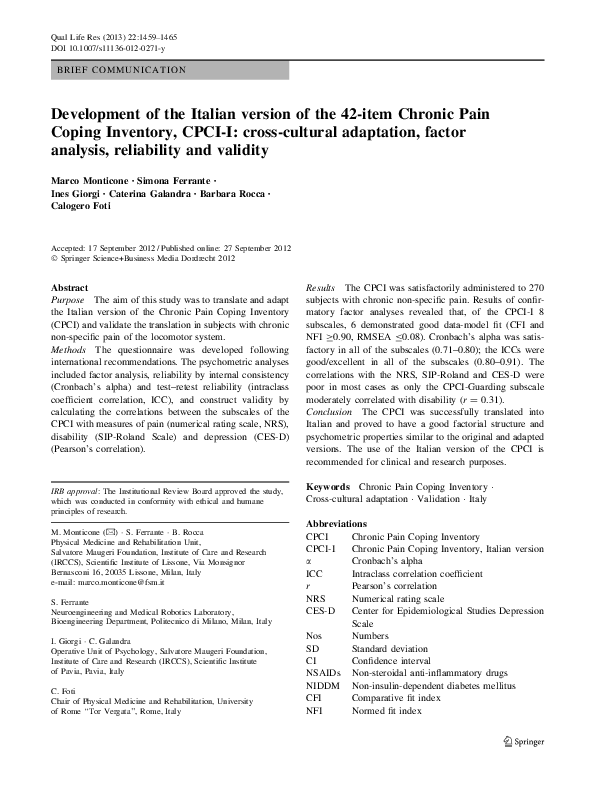 (PDF) Development of the Italian version of the 42-item Chronic Pain Coping Inventory, CPCI-I ...