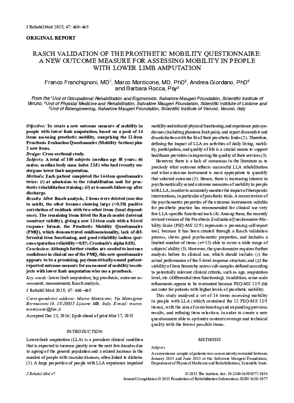 (PDF) Rasch validation of the Prosthetic Mobility Questionnaire: A new outcome measure for ...