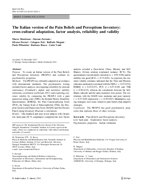 (PDF) The Italian version of the Pain Beliefs and Perceptions Inventory: cross-cultural ...