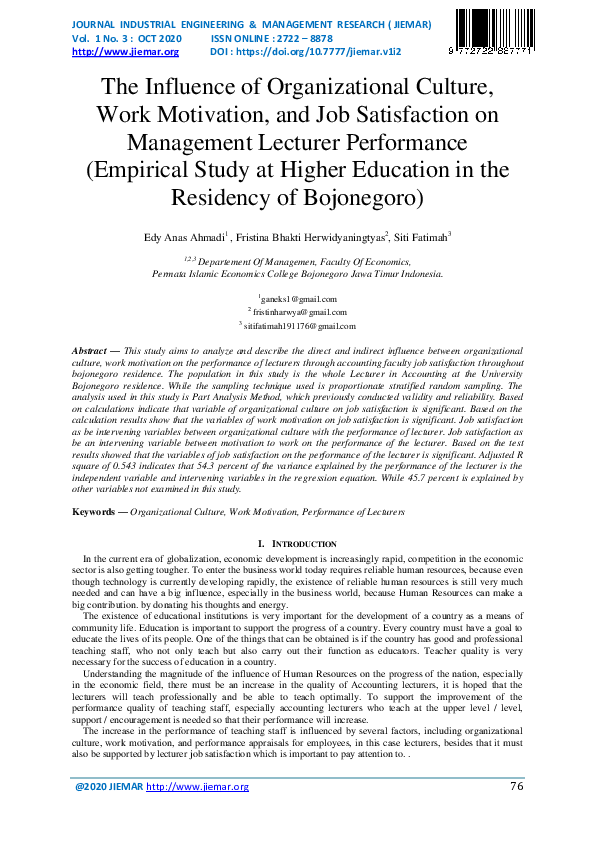 (PDF) The Influence of Organizational Culture, Work Motivation, and Job ...