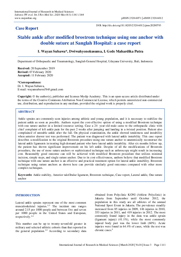 (PDF) Stable ankle after modified brostrom technique using one anchor ...