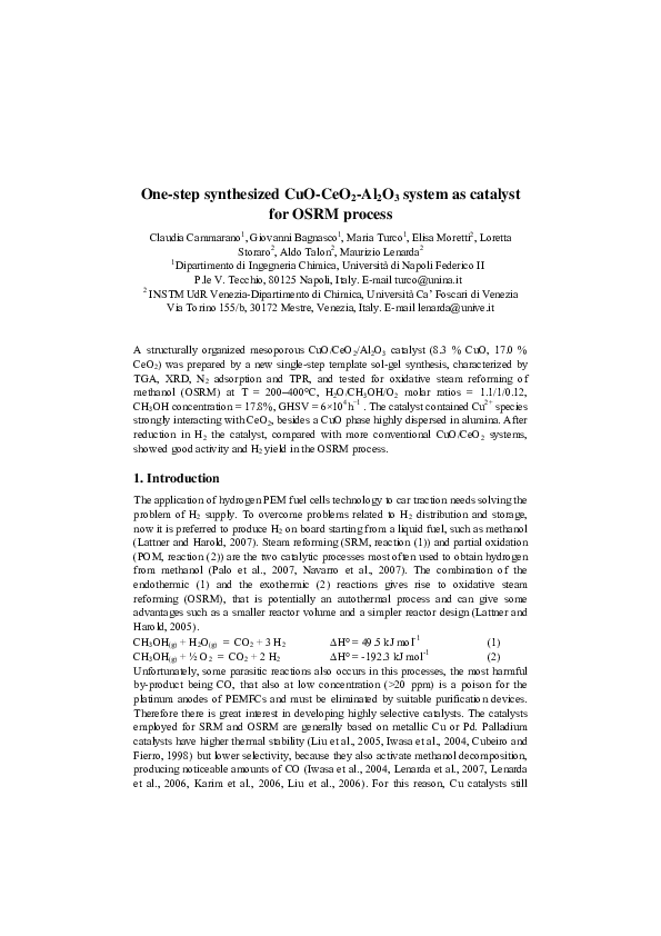 (PDF) One-step synthesized CuO-CeO2-Al2O3 system as catalyst for OSRM process