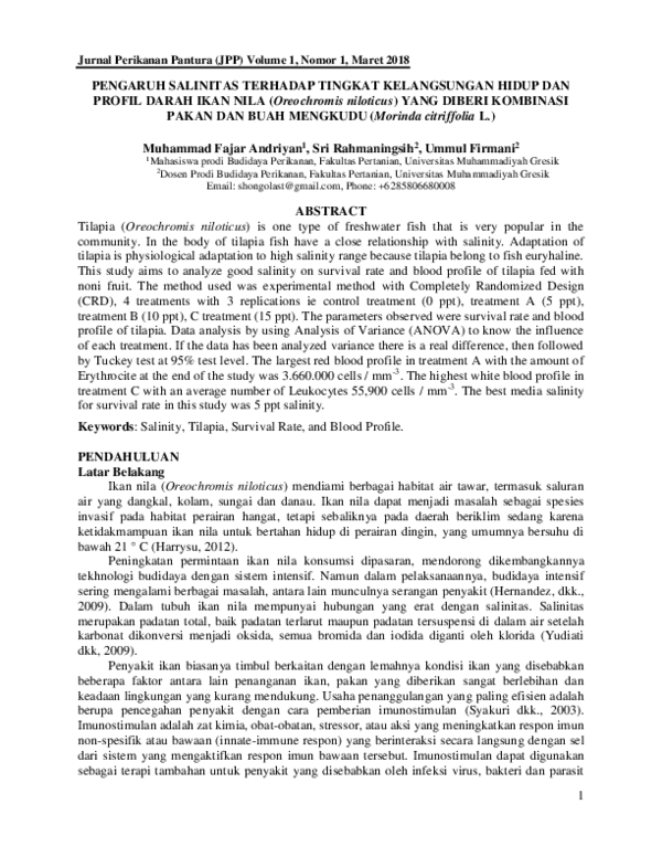 (PDF) PENGARUH SALINITAS TERHADAP TINGKAT KELANGSUNGAN HIDUP DAN PROFIL DARAH IKAN NILA ...