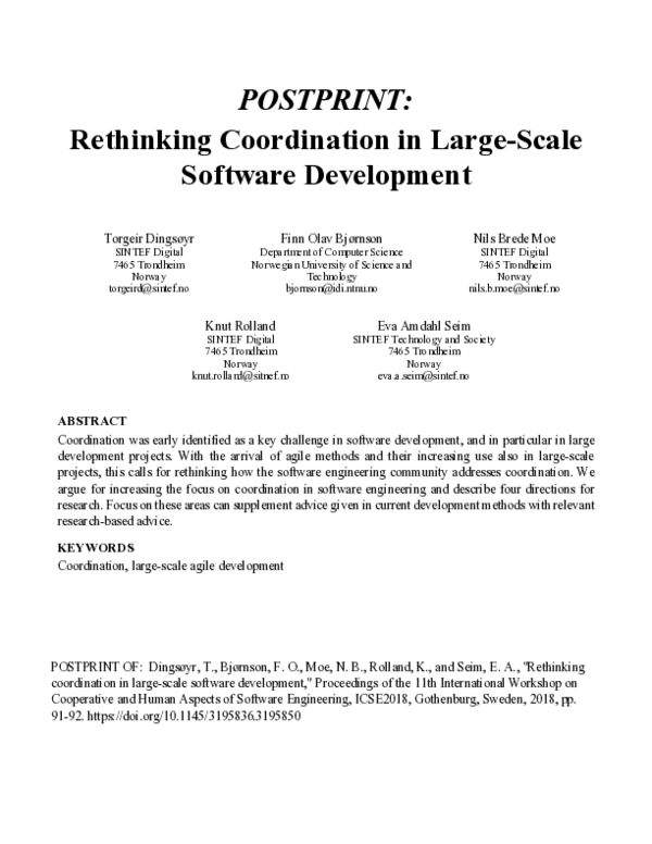(PDF) POSTPRINT: Rethinking Coordination in Large-Scale Software Development | Finn Bjørnson ...