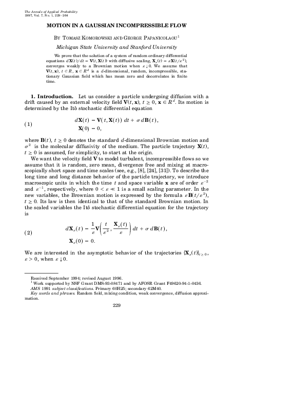 (PDF) Motion in a Gaussian incompressible flow