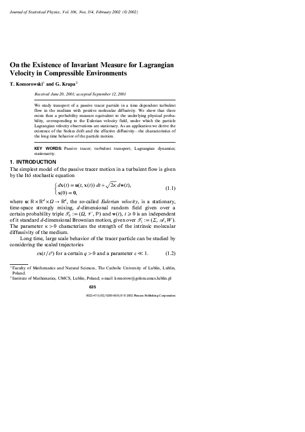 (PDF) On the Existence of Invariant Measure for Lagrangian Velocity in Compressible Environments