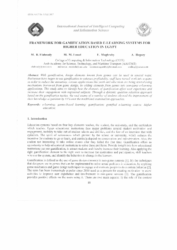 (PDF) Framework for Gamification Based E-Learning Systems for Higher Education in Egypt