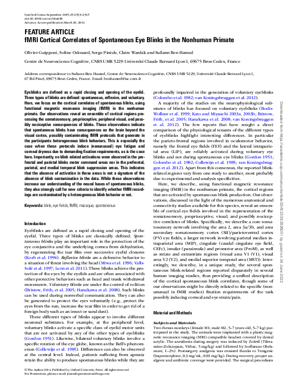 (PDF) fMRI Cortical Correlates of Spontaneous Eye Blinks in the ...