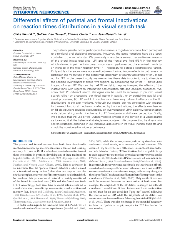 (PDF) Differential effects of parietal and frontal inactivations on reaction times distributions ...