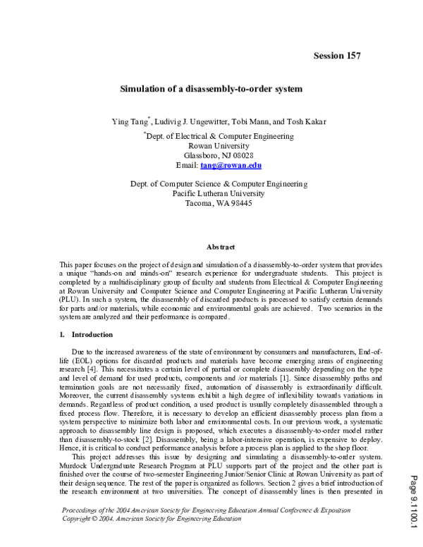 (PDF) Simulation Of A Disassembly To Order System