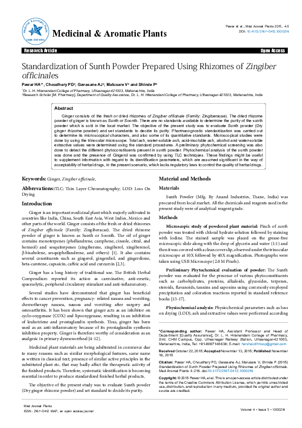 (PDF) Standardization of Sunth Powder Prepared Using Rhizomes of ...