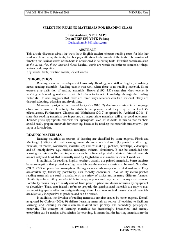 (PDF) Selecting Reading Materials for Reading Class
