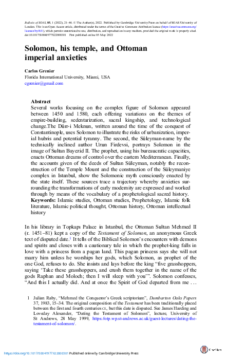 (PDF) Solomon, his Temple, and Ottoman Imperial Anxieties (Bulletin of the School of Oriental ...