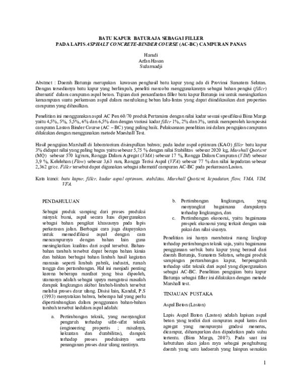 (PDF) Batu Kapur Baturaja Sebagai Filler Pada Lapis Asphalt Concrete-Binder Course (Ac-BC ...