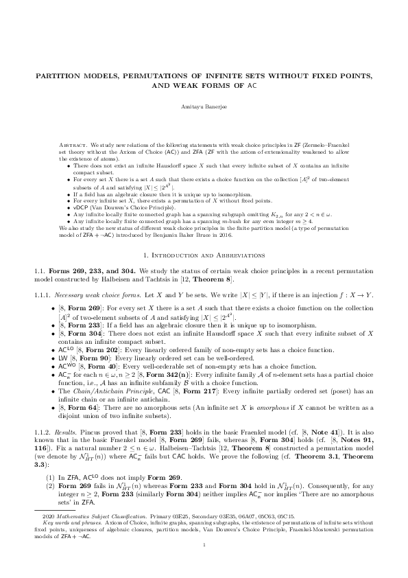 (PDF) PARTITION MODELS, PERMUTATIONS OF INFINITE SETS WITHOUT FIXED POINTS, AND WEAK FORMS OF AC